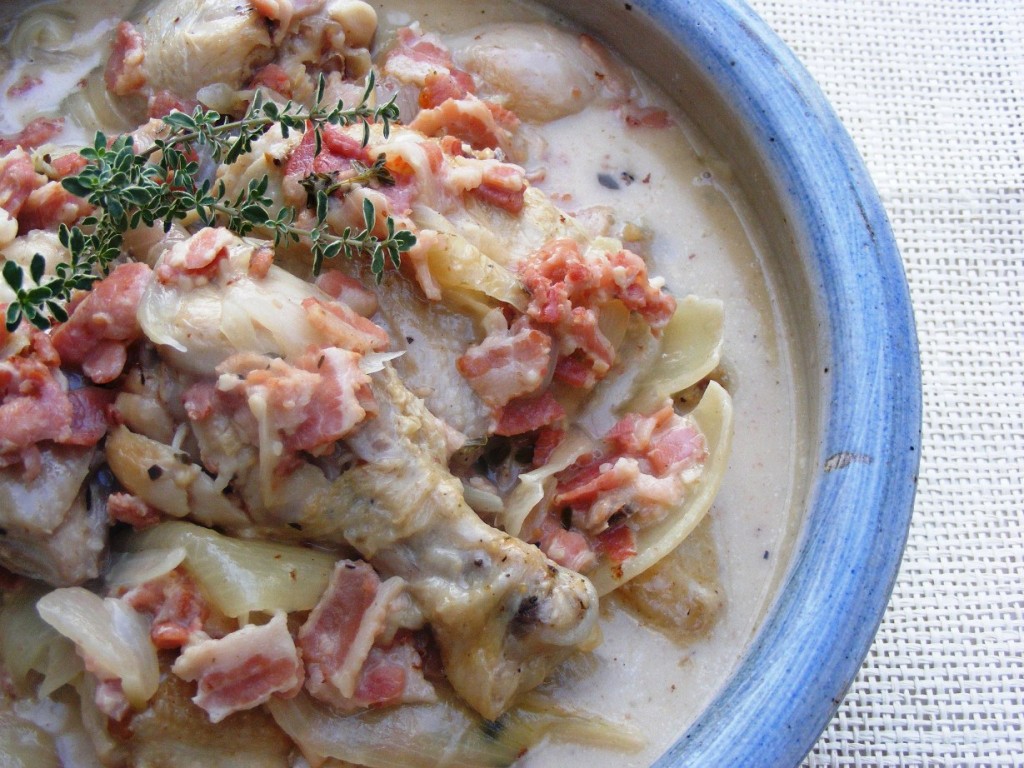 Creamy chicken casserole with bacon and thyme